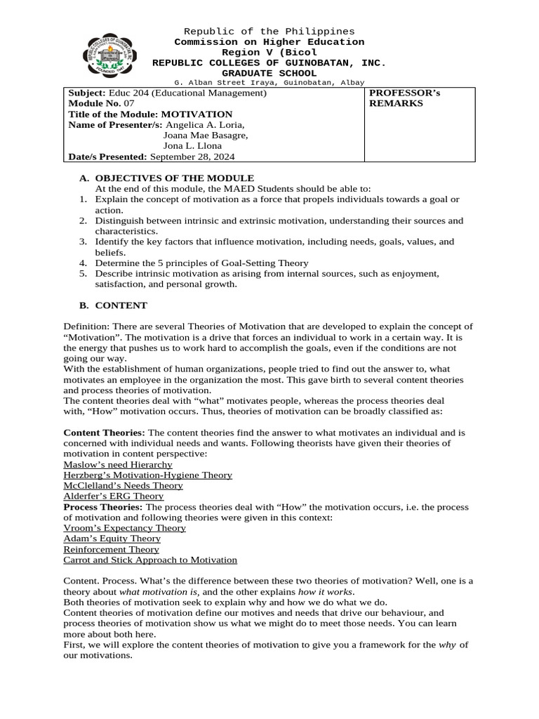 Module 7 Handouts | PDF | Motivational | Motivation