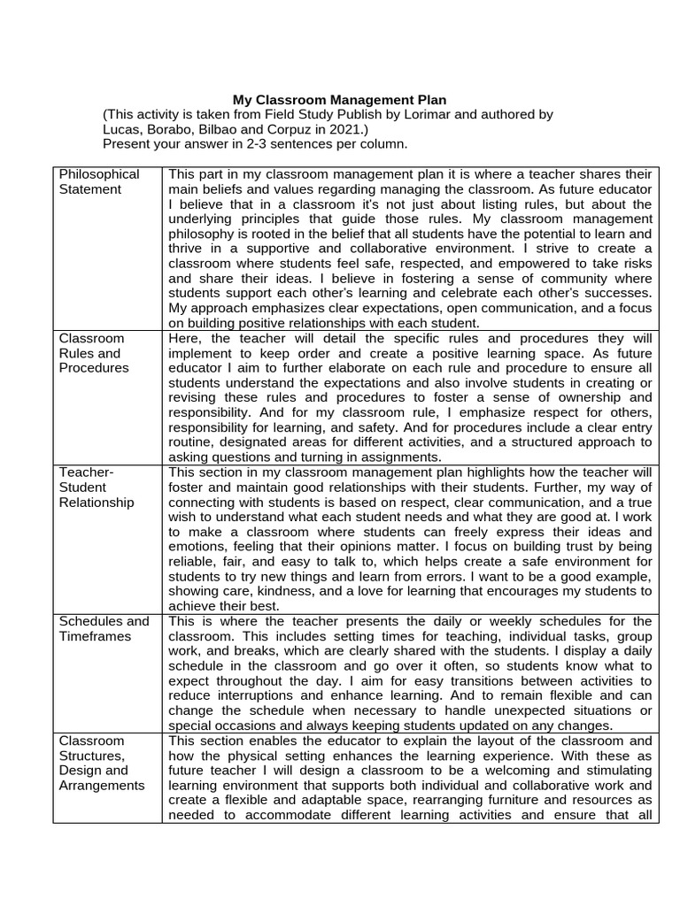 Classroom Management Plan Overview | PDF | Classroom Management | Classroom