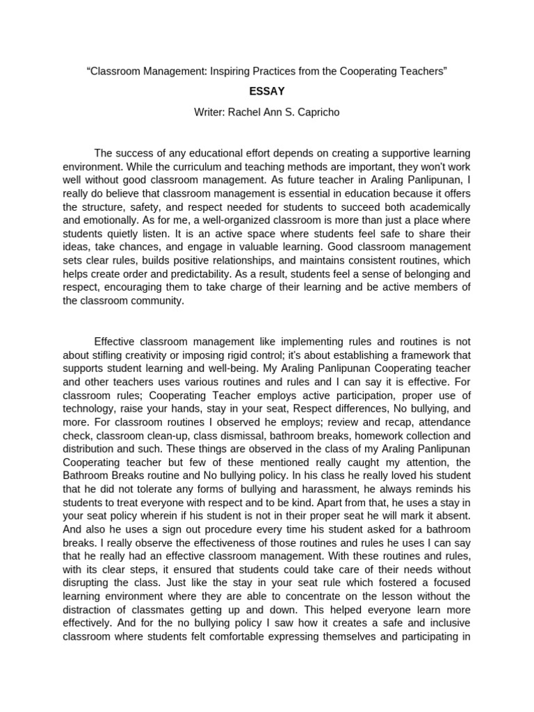 Fs One- Essay- Classroom Management-capricho | PDF | Classroom Management | Teachers