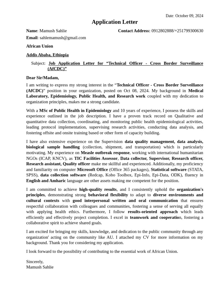 Job Application for Technical Officer Position | PDF | Data | Public Health