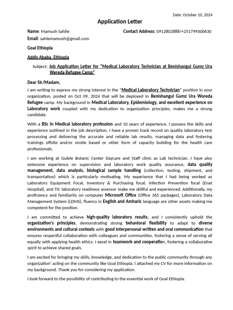 Mamush Sahlie Application Letter-Goal Ethiopia-Medical Laboratory Technician | PDF ...