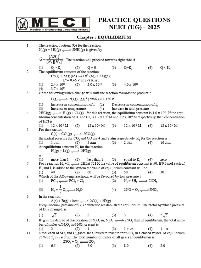 NEET Equilibrium Practice Questions | PDF | Physical Chemistry ...