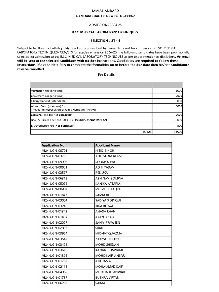 B.sc. Medical Laboratory Techniques Selection List-4 | PDF