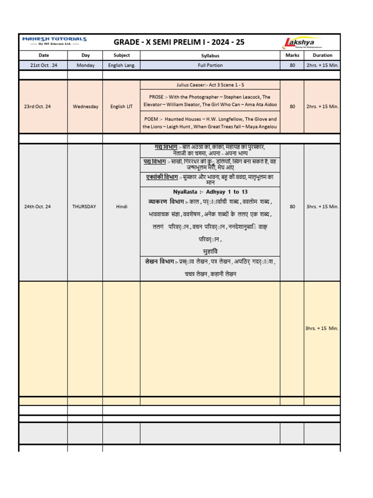 ICSE Grade X - Semi Prelim 1 Time Table | PDF | Demand | Equations