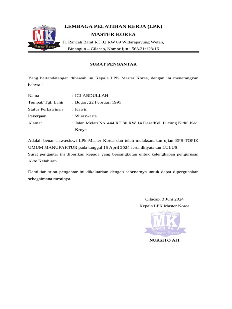 Surat Pengantar LPK Master Korea | PDF