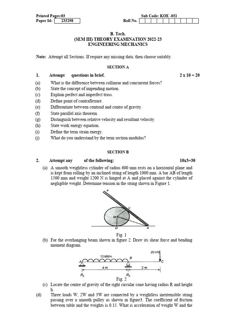 Btech Oe 3 Sem Engineering Mechanics Koe 031 2023 | PDF | Bending | Force