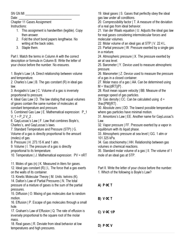 Chapter 11 Gases Assignment Without Answers 1 | PDF | Gases | Temperature