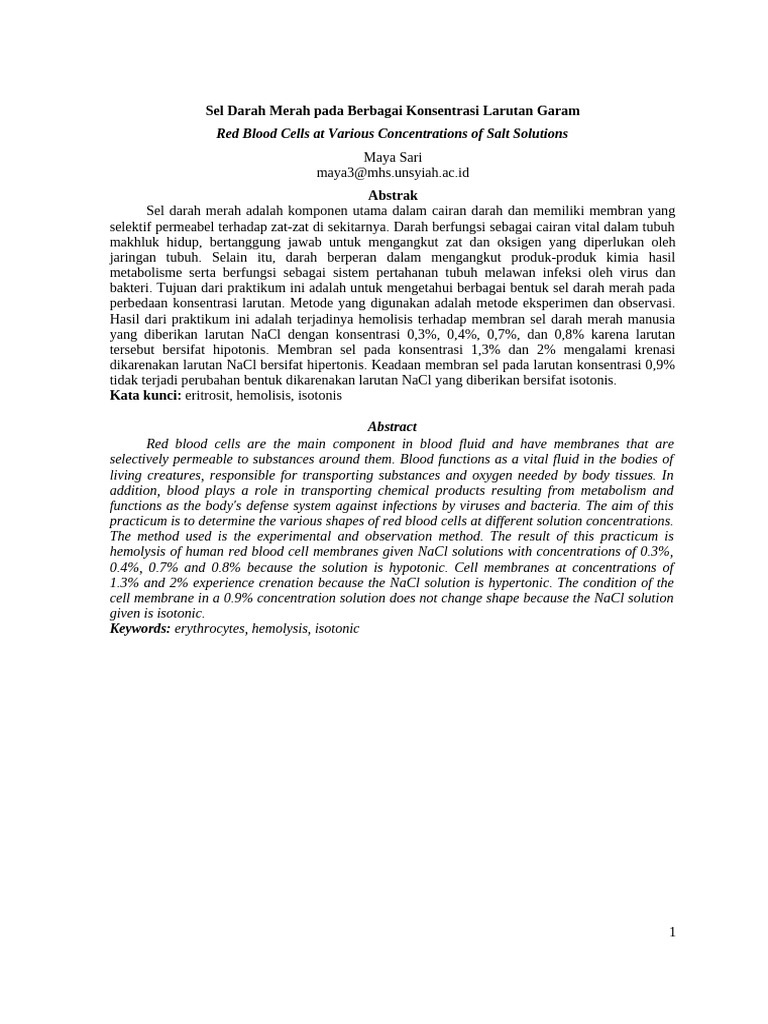 Sel Darah Merah Pada Berbagai Konsentrasi Larutan Garam - Maya Sari | PDF