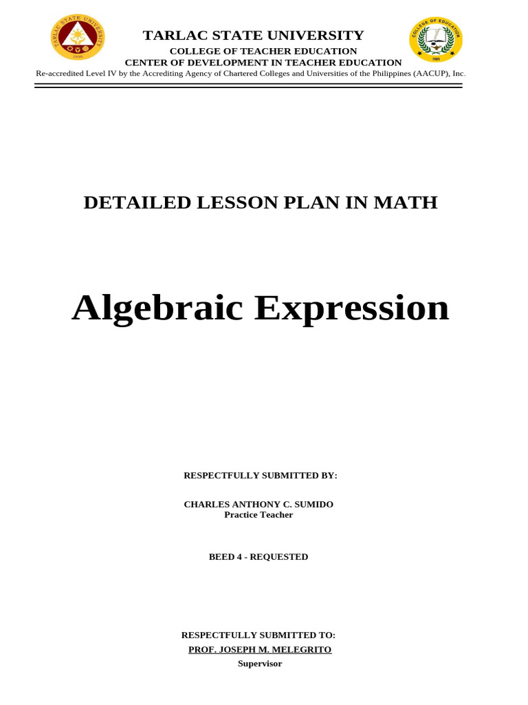 DETAILED LESSON PLAN IN MATH (Algebraic Expression) | PDF | Mathematics ...