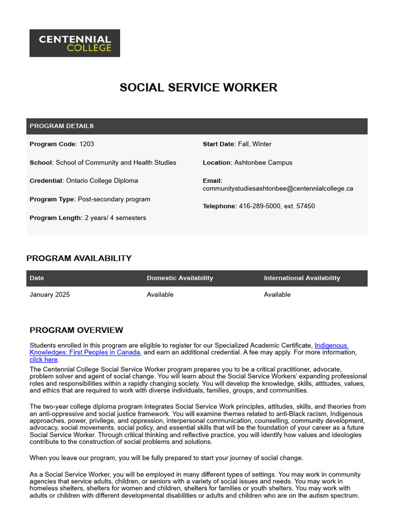 Social Service Worker - Centennial College | PDF | Social Work | Community