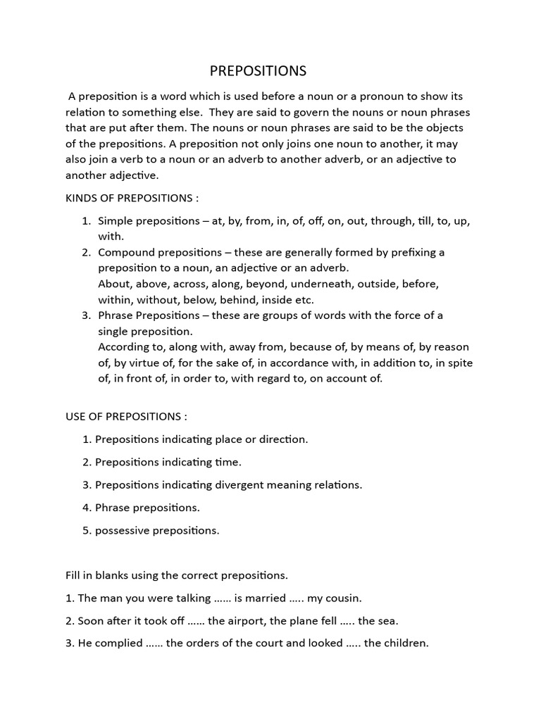 Prepositions with practice | PDF | Preposition And Postposition | Noun