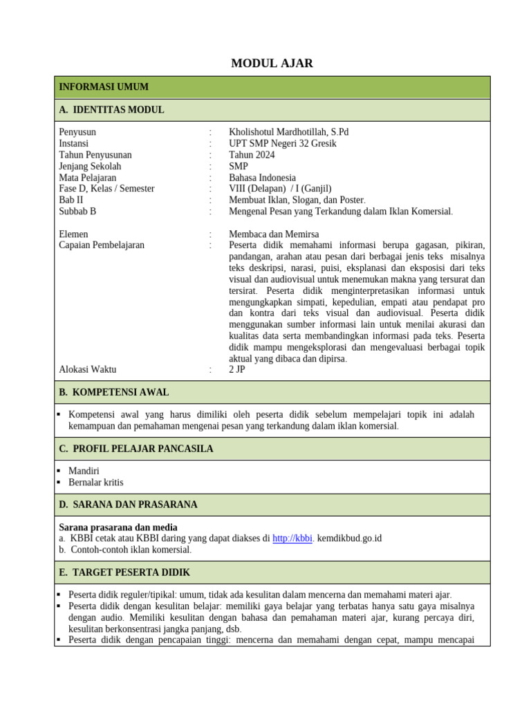 Modul Ajar Bhs Indonesia Iklan | PDF