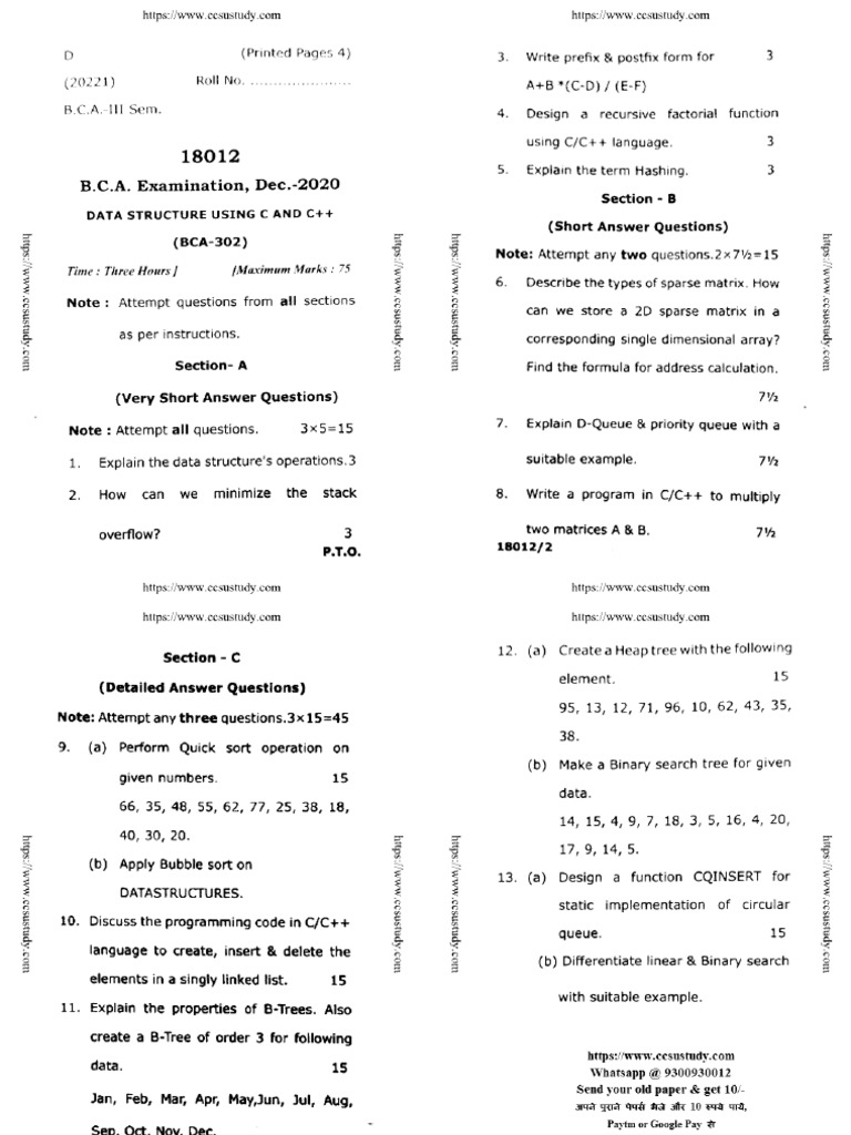 Bca 3 Sem Data Structure Using C and CPP 18012 Dec 2020 | PDF Bca 3 Sem Data Structure Using C and CPP 18012 Dec 2020 | PDF