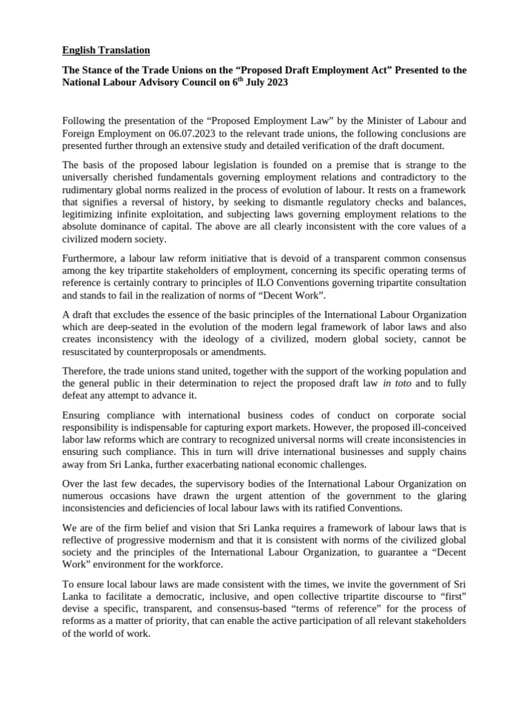 English Translation of The Joint TU Position | PDF | Labour Law ...