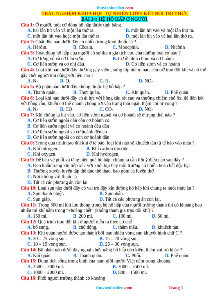 Trac Nghiem KHTN 8 KNTT Bai 34 Hay | PDF