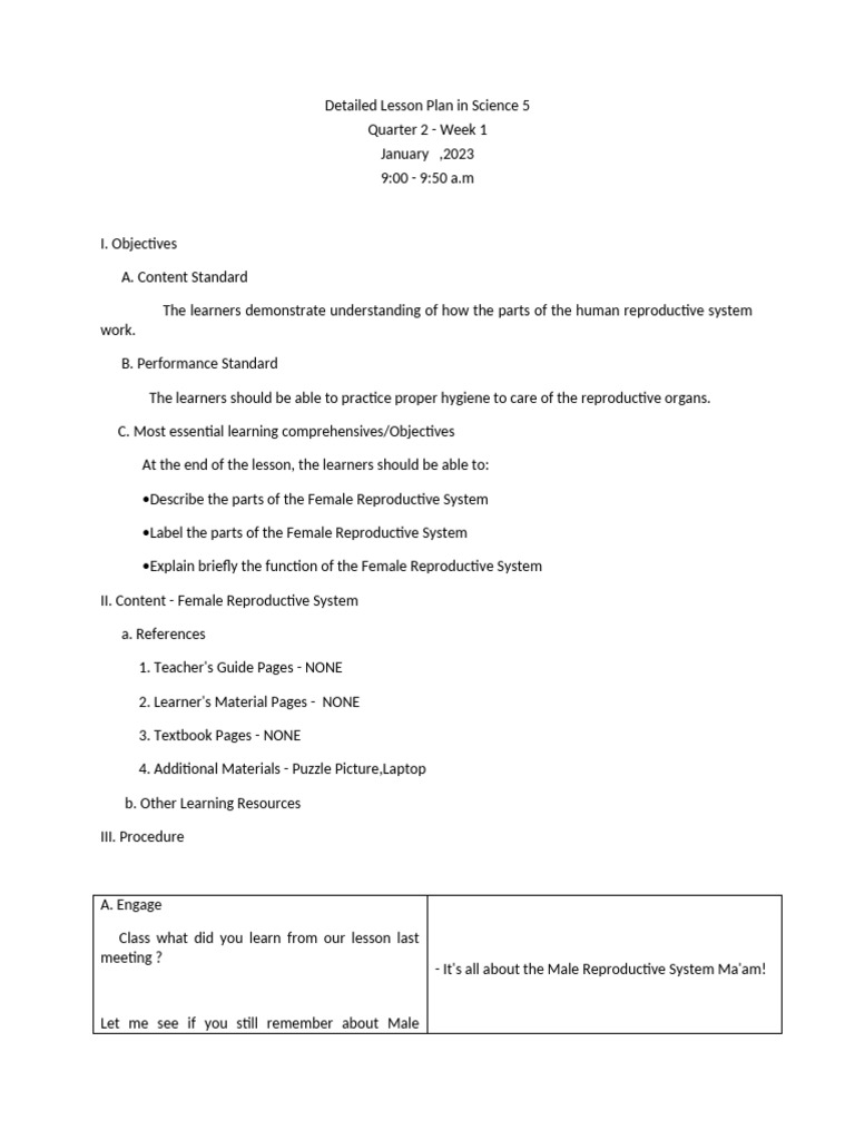 Female Reproductive System Lesson Plan | PDF | Human Reproduction | Ovary