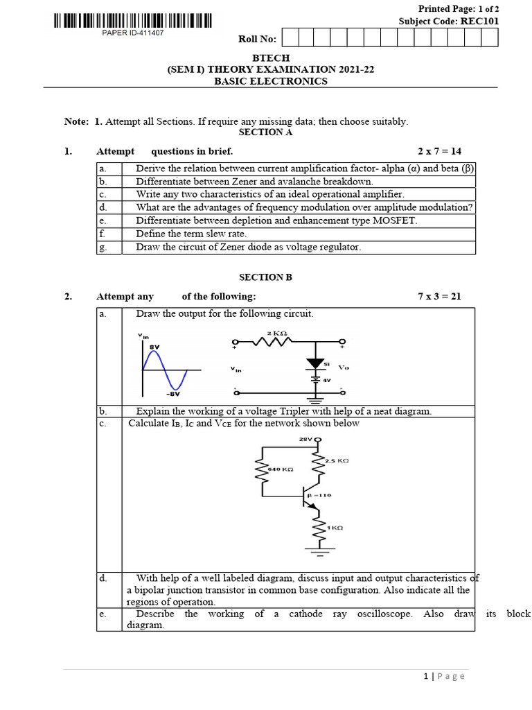 BTech Basic Electronics Exam | PDF | Amplifier | Rectifier