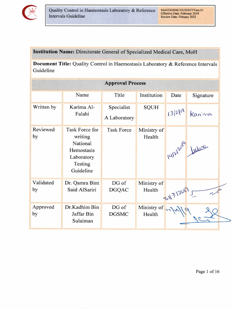 Quality Control in Haemostsis Laboratory and Reference Intervals Guideline | PDF