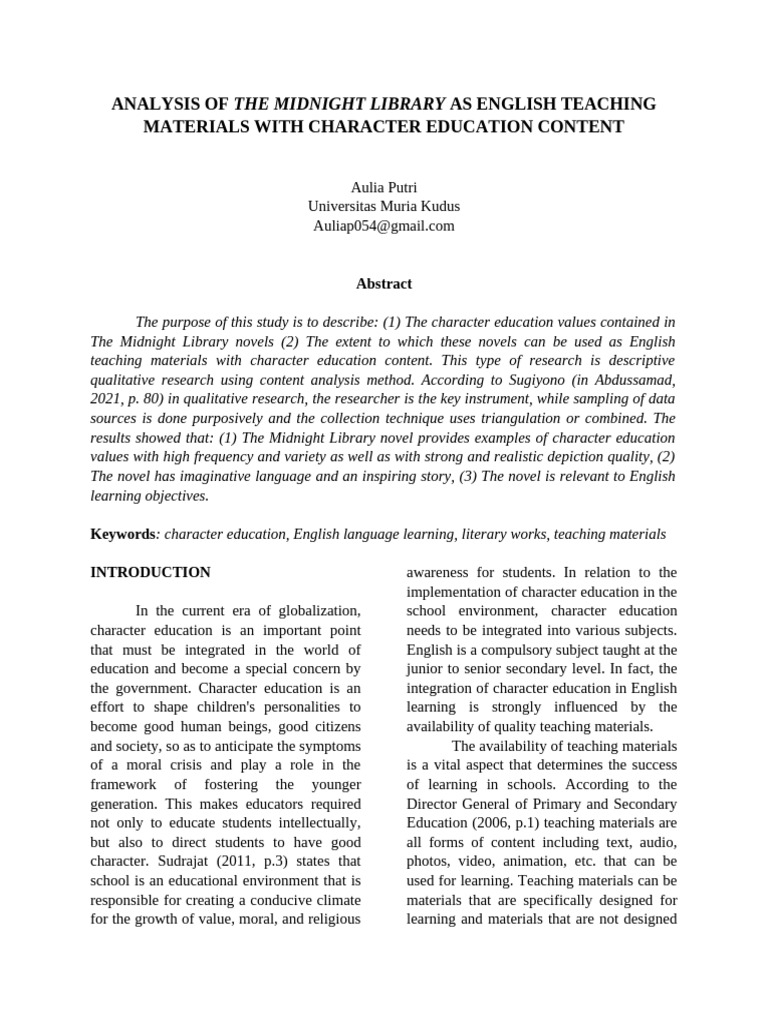 Analysis of The Midnight Library Novel As English Teaching Materials ...