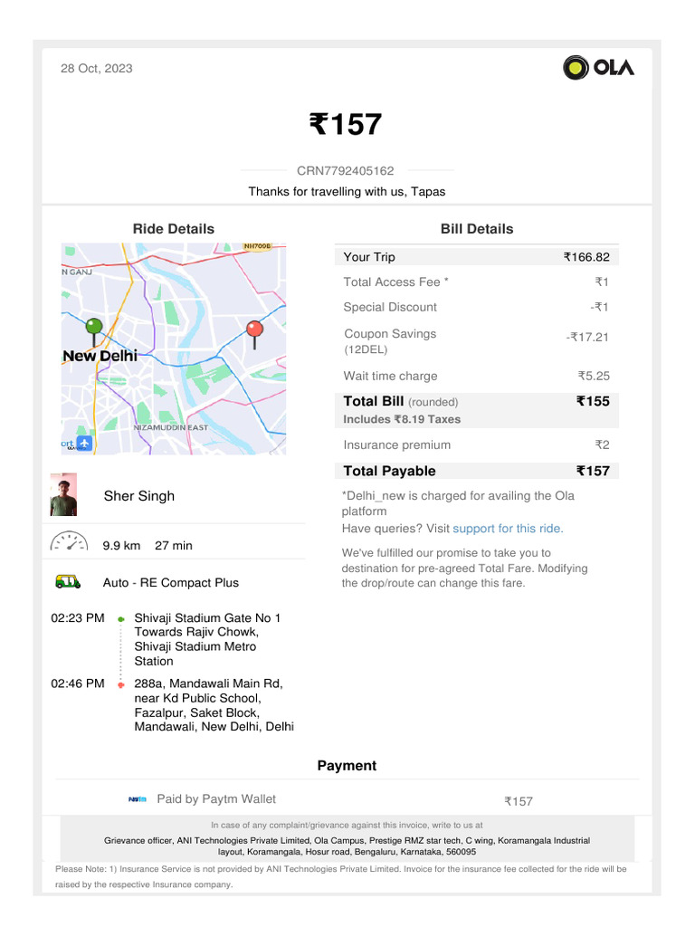 Ola Auto Ride Invoice Details | PDF | Invoice | Payments