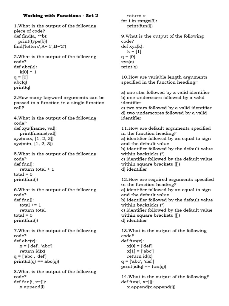 Working With Functions - Set 2 - QP | PDF | Parameter (Computer Programming) | Programming Paradigms