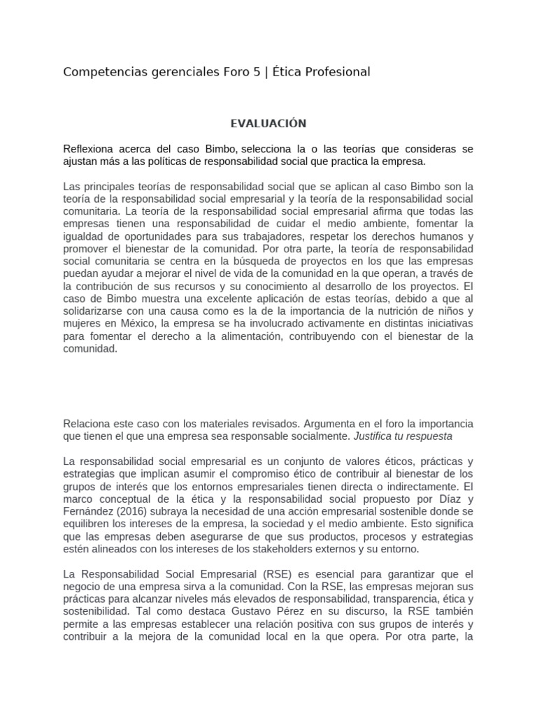 Foro 5. Competencias Gerenciales | PDF | Responsabilidad social corporativa | Business