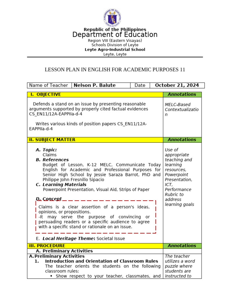 English For Acad - Claim Lesson Plan | PDF | Lesson Plan | Teachers