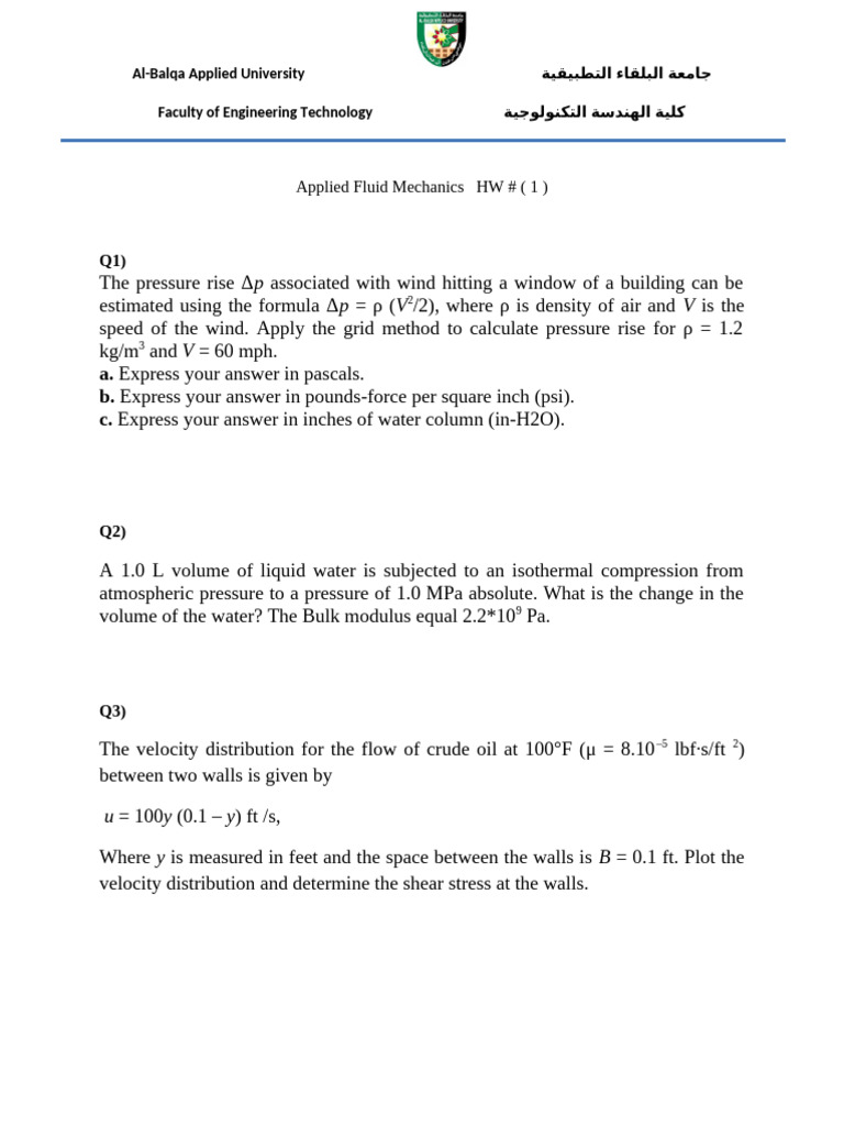 Applied Fluid Mechanics HW #1 | PDF