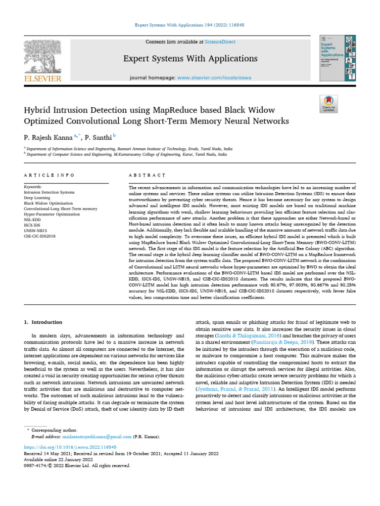 Hybrid Intrusion Detection Using Mapreduce Based Black Widow Optimized