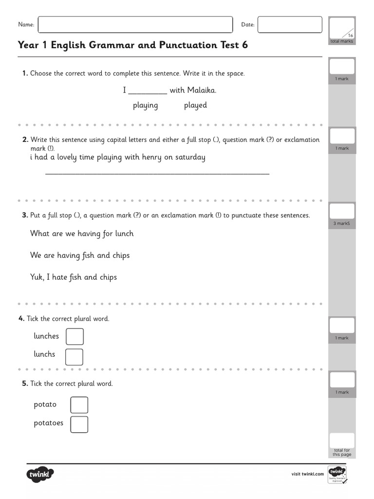 Year 1 Grammar & Punctuation Test | PDF | Word | English Grammar