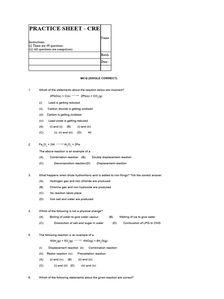 PRACTICE SHEET_CRE | PDF | Chemical Reactions | Precipitation (Chemistry)