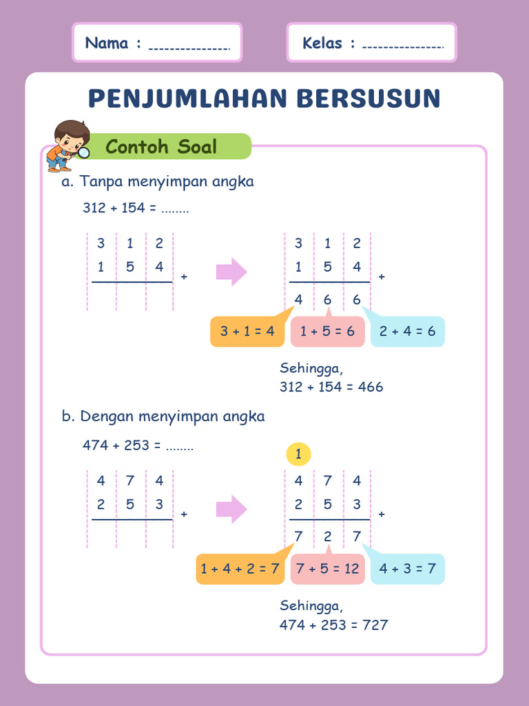 Lembar Kerja Matematika Penjumlahan Bersusun Sekolah Dasar Kelas 2 Pink ...
