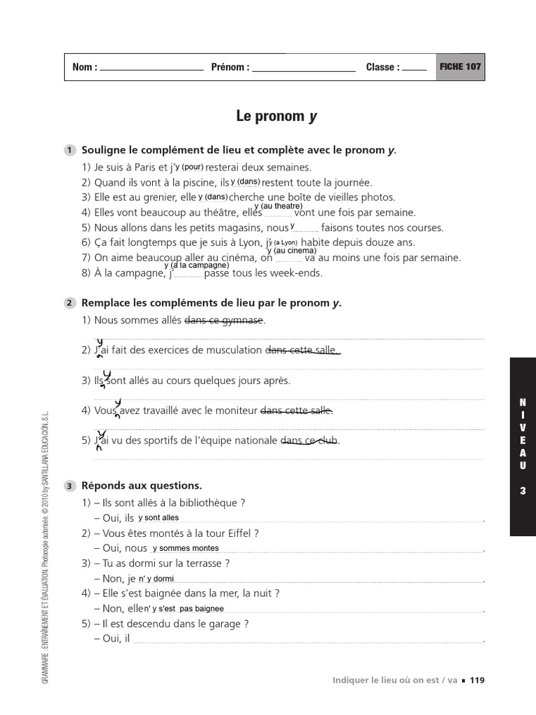 Exercices sur le pronom "y" | PDF