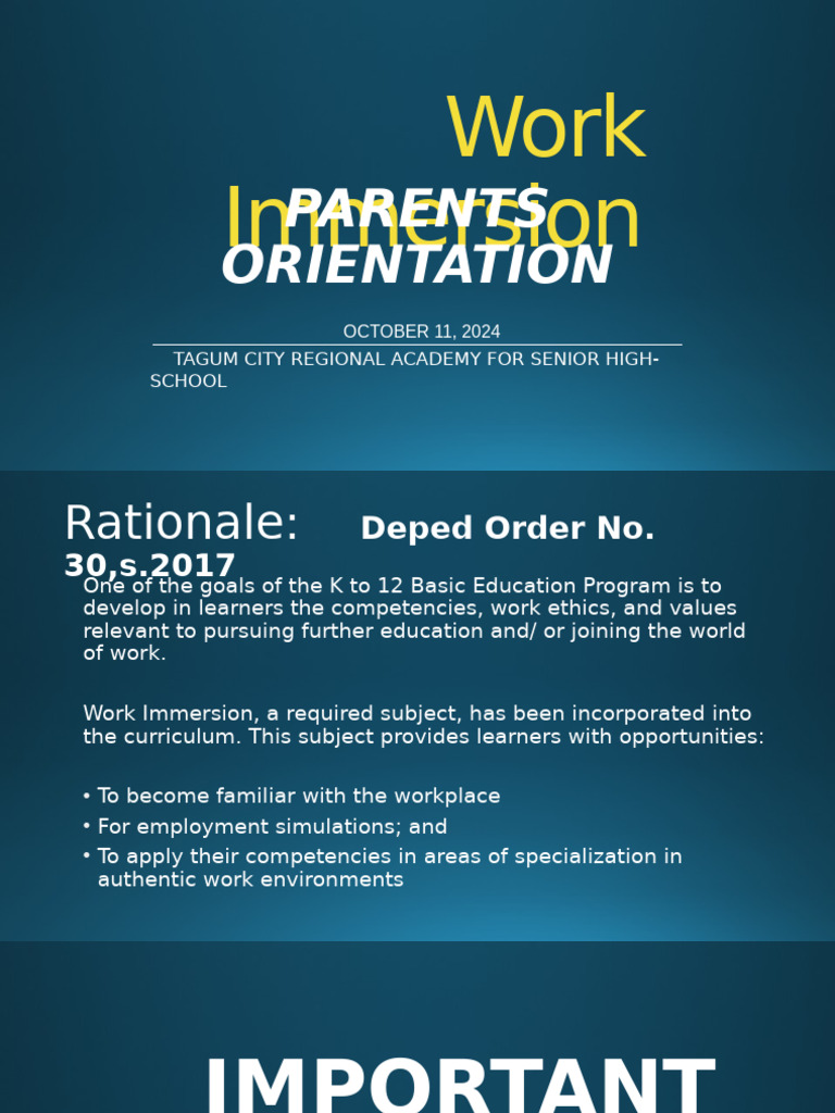 Work Immersion Orientation Oct. 11 2024 Tcrash | PDF | Career & Growth ...