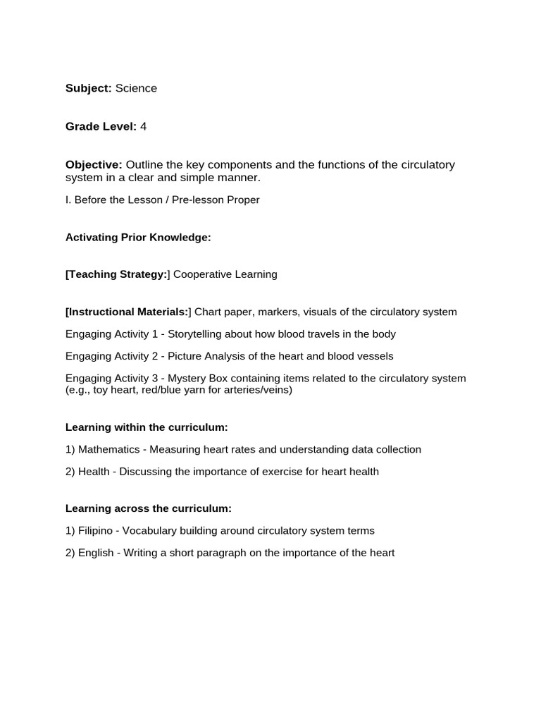 Lesson Plan | PDF | Heart | Blood
