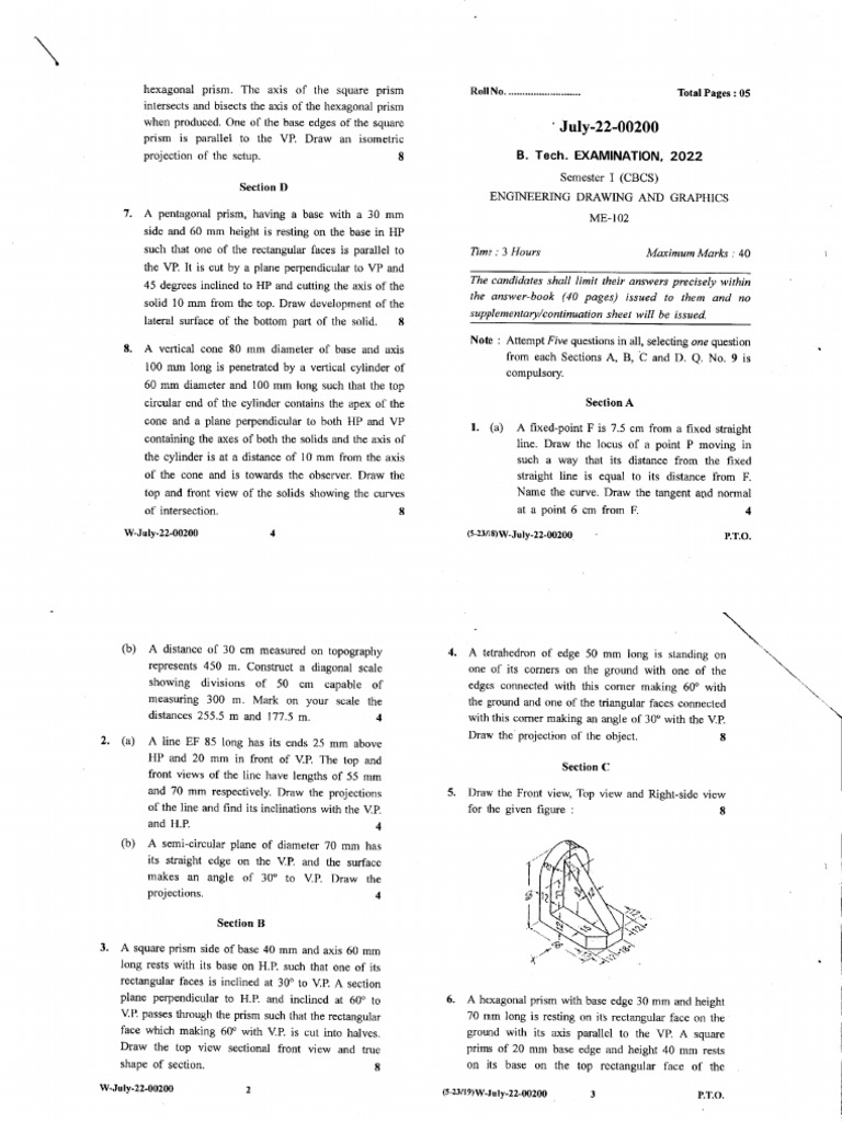 Btech 1 Sem Engineering Drawing and Graphics 00200 Jul 2022 | PDF