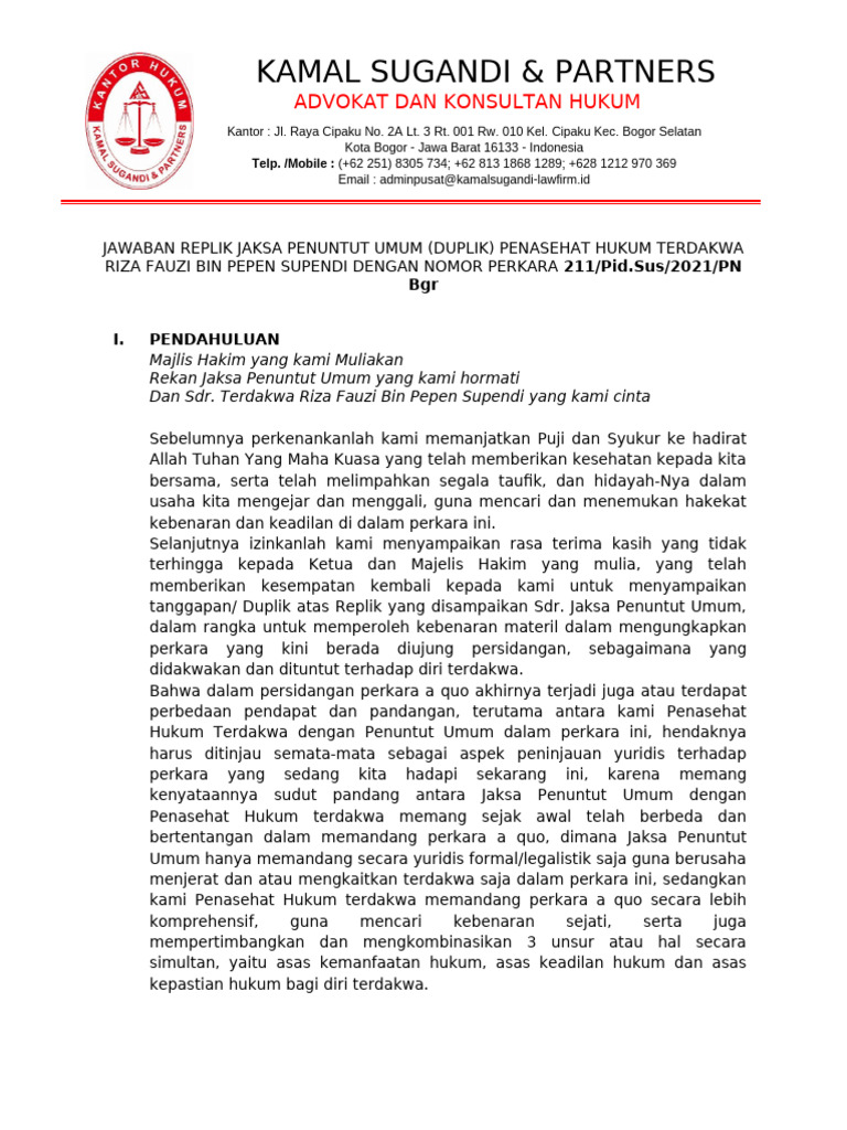 Duplik RIZA FAUZI Bin PEPEN SUPENDI | PDF | Ilmu Sosial | Hukum