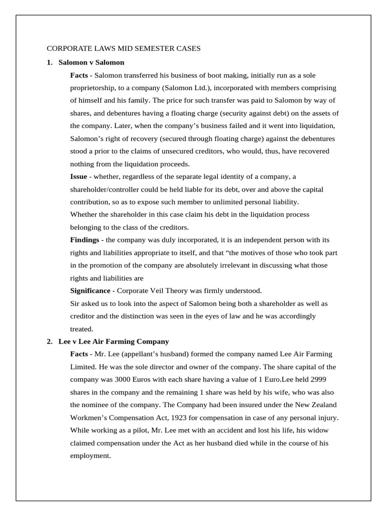 CORPORATE LAWS MID SEMESTER CASES | PDF | Civil Law (Legal System ...