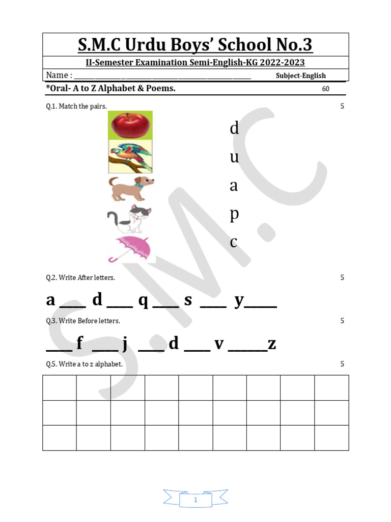 KG English Exam Paper 2022-2023 | PDF
