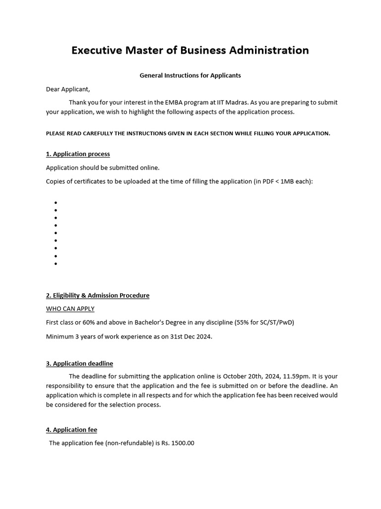 EMBA General Instructions 2024 | PDF