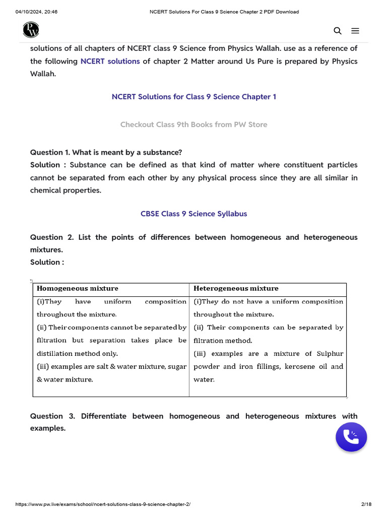 NCERT Solutions For Class 9 Science Chapter 2 PDF Download | PDF ...