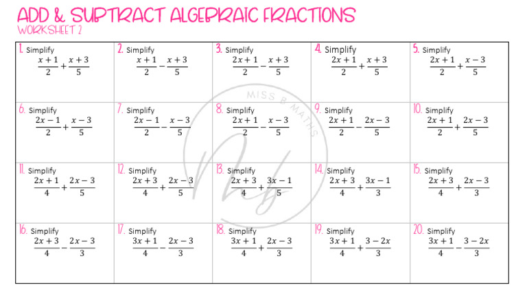 Add and Subtract Algebraic Fractions WS2 | PDF