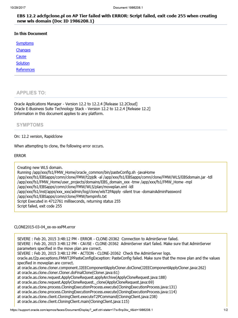 EBS 12.2 Adcfgclone - PL On AP Tier Failed With ERROR Script Failed, Exit Code 255 When Creating ...