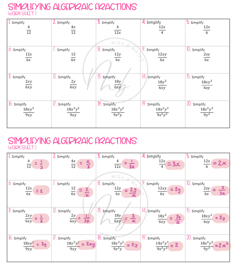 Simplifying Algebraic Fractions WS1 | PDF