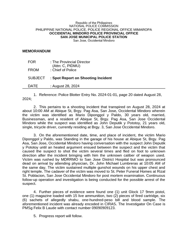 01 Spot Report Shooting Incident | PDF | Crimes | Crime & Violence