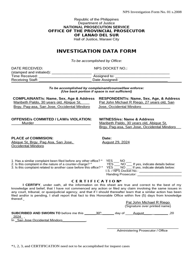 113043259-Investigation-Data-Form | PDF | Prosecutor | Crimes