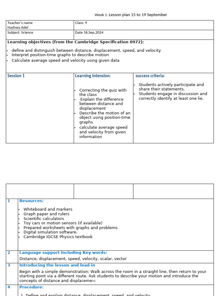Lesson Plan 15 To 19 September: Session 1 Learning Intension: Success ...