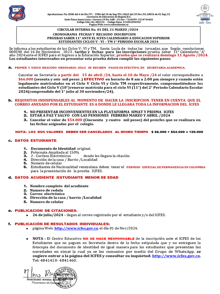Circular Icfes Calendario A 2024 | PDF | Documento de identidad