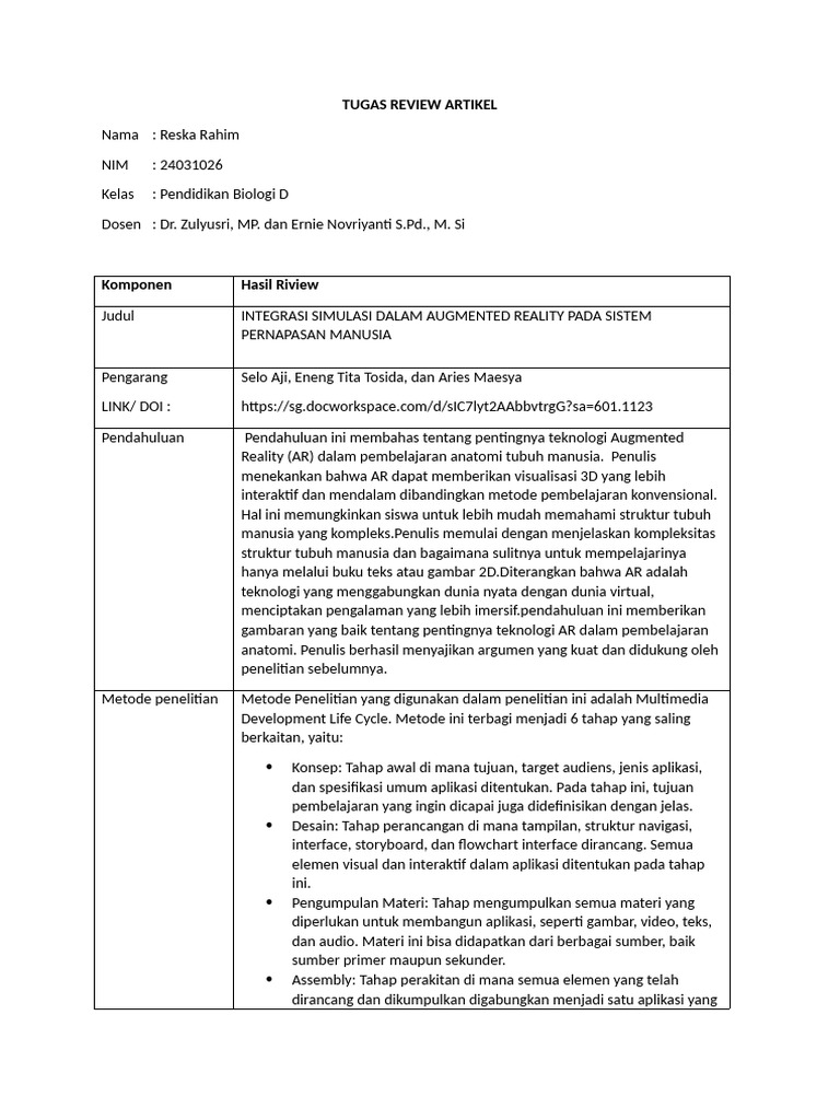 TUGAS RIVIEW ARTIKEL Reska Rahim Sistem Organ Manusia | PDF