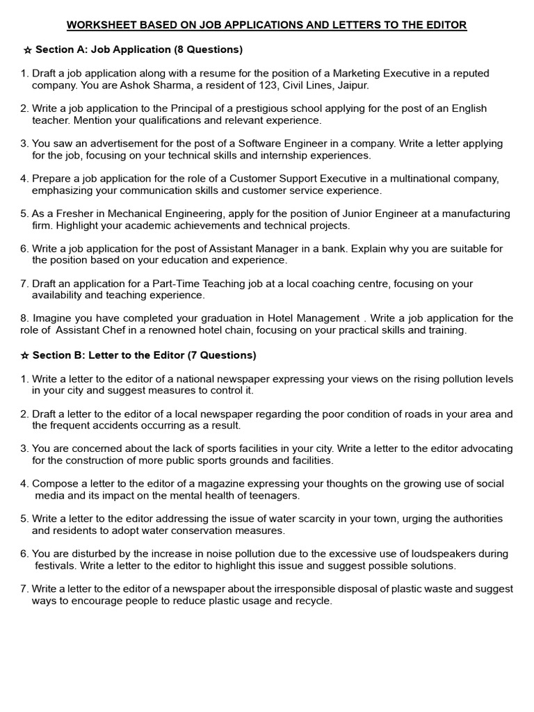 Job Application and Letter To The Editor Worksheet | PDF | Experience